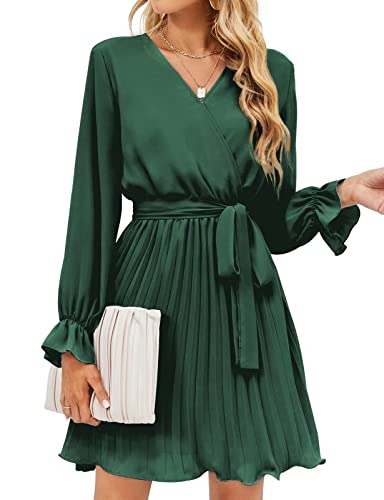 Ondogdog Women's Wrap V-Neck Dress Wedding Guest Casual Pleated Long Sleeve Mini Dress Green