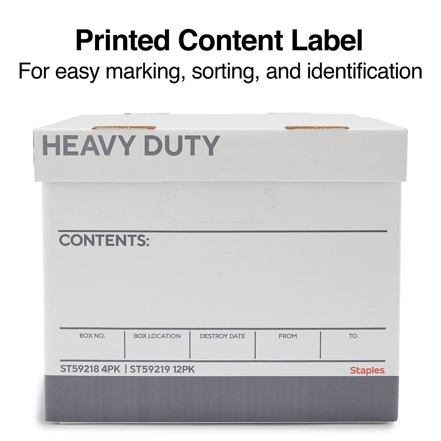 Staples Heavy-Duty Storage Boxes, Top Tab, Stacking Strength 850 lb, White/Gray, 9 3/4"H x 12"W x 15"D, 4/Ct