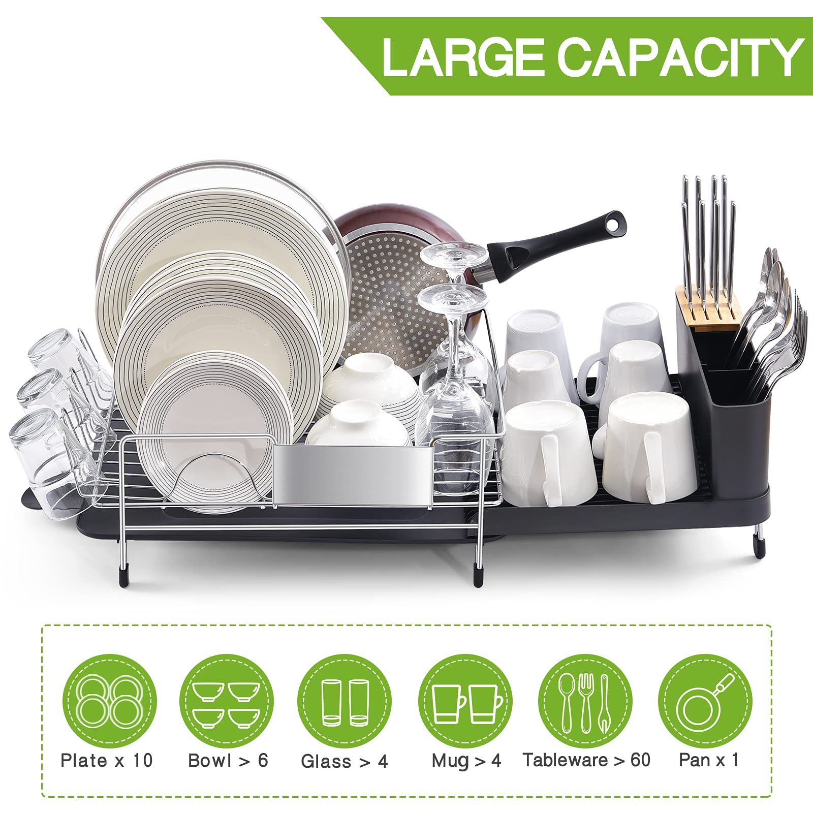 TOOLF Dish Drying Rack, Expandable Stainless Steel Dish Rack with Drainboard Set Kitchen Sink Organizer for Counter, Large Capacity Kitchen Accessories with 360° Swivel Spout