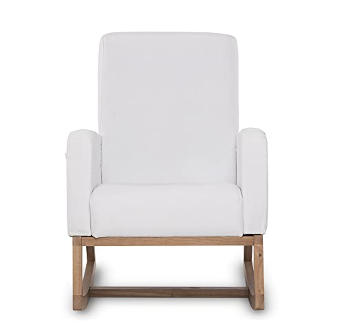 Paddie Rocking Chair Nursery, Fabric Rocking Armchair with Solid Wood Base/Side Pocket, Linen Fabric Upholstered Accent Chairs for Living Room (White)