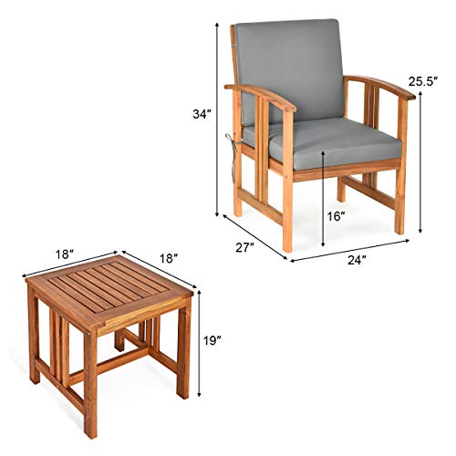 Tangkula 3 Pieces Patio Furniture Set, Includes Set of 2 Outdoor Acacia Wood Cushioned Chairs and Coffee Table, for Garden, Backyard, Poolside, Bistro and Deck, Patio Conversation Chat Set (Gray)