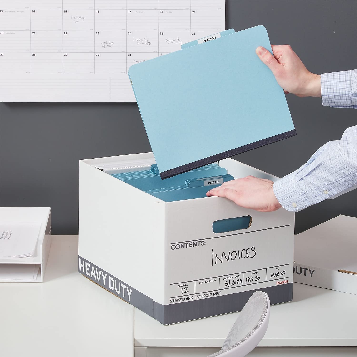 Staples Heavy-Duty Storage Boxes, Top Tab, Stacking Strength 850 lb, White/Gray, 9 3/4"H x 12"W x 15"D, 4/Ct
