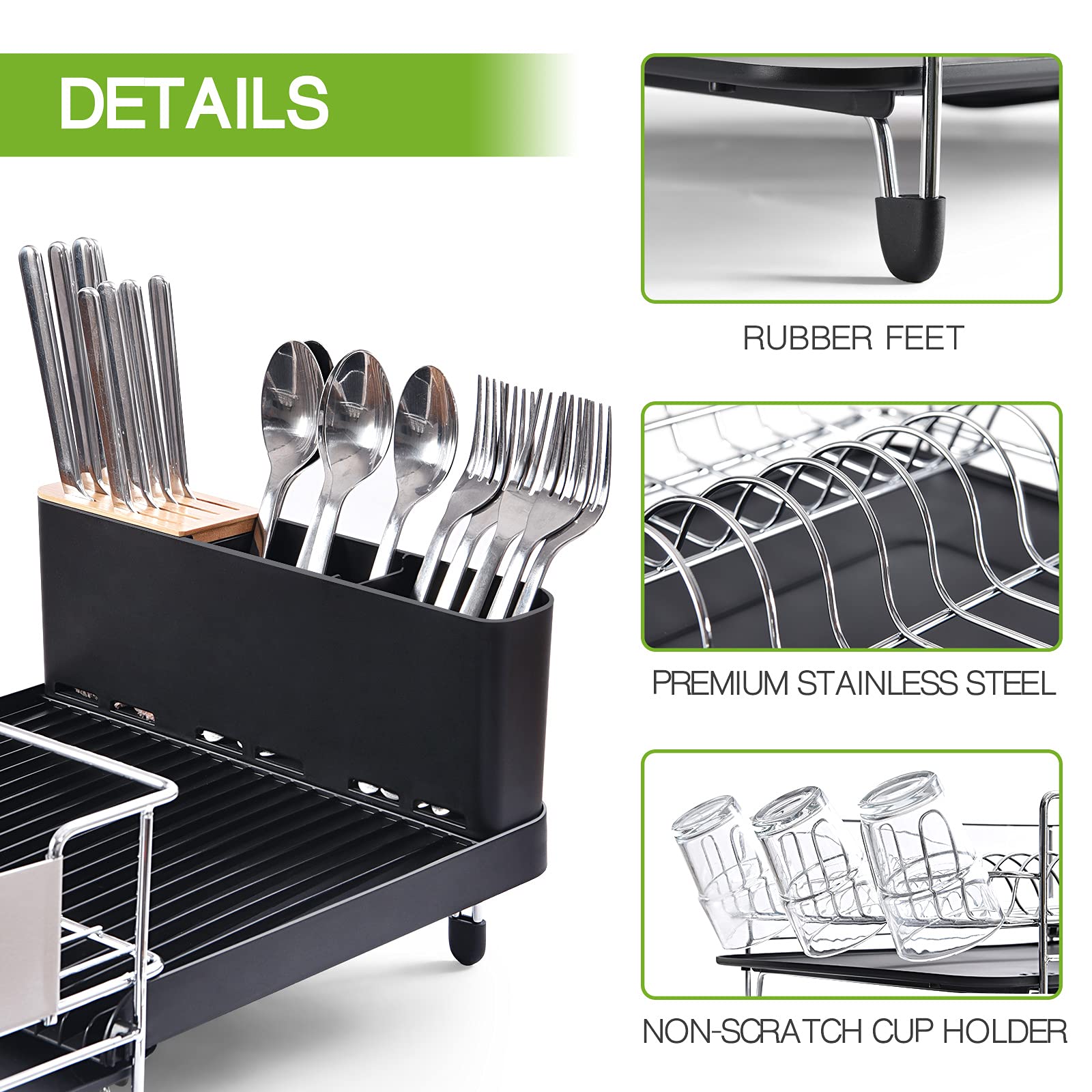 TOOLF Dish Drying Rack, Expandable Stainless Steel Dish Rack with Drainboard Set Kitchen Sink Organizer for Counter, Large Capacity Kitchen Accessories with 360° Swivel Spout