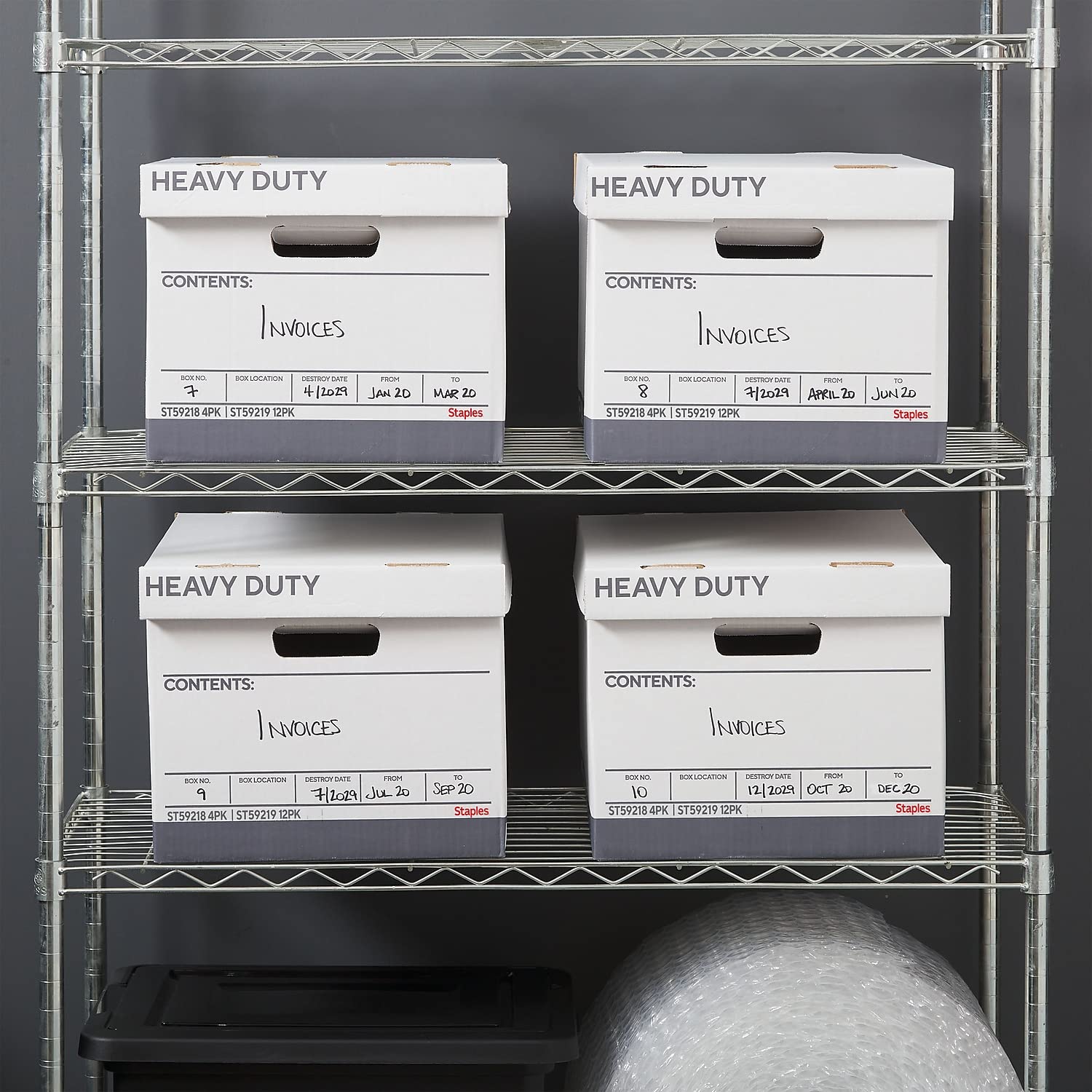 Staples Heavy-Duty Storage Boxes, Top Tab, Stacking Strength 850 lb, White/Gray, 9 3/4"H x 12"W x 15"D, 4/Ct