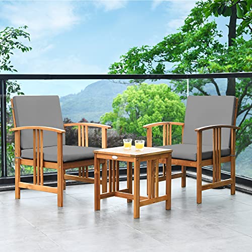 Tangkula 3 Pieces Patio Furniture Set, Includes Set of 2 Outdoor Acacia Wood Cushioned Chairs and Coffee Table, for Garden, Backyard, Poolside, Bistro and Deck, Patio Conversation Chat Set (Gray)