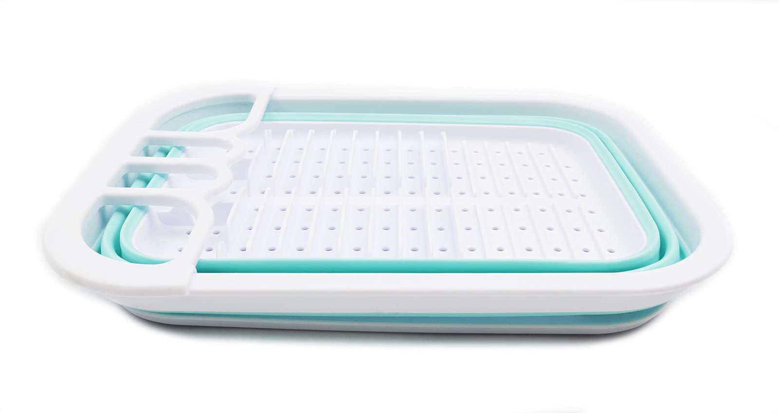 SAMMART 7.5L (2 Gallon) Collapsible Dish Drainer with Drainer Board - Foldable Drying Rack Set - Portable Dinnerware Organizer - Space Saving Kitchen Storage Tray (White/Lake Green, 1)