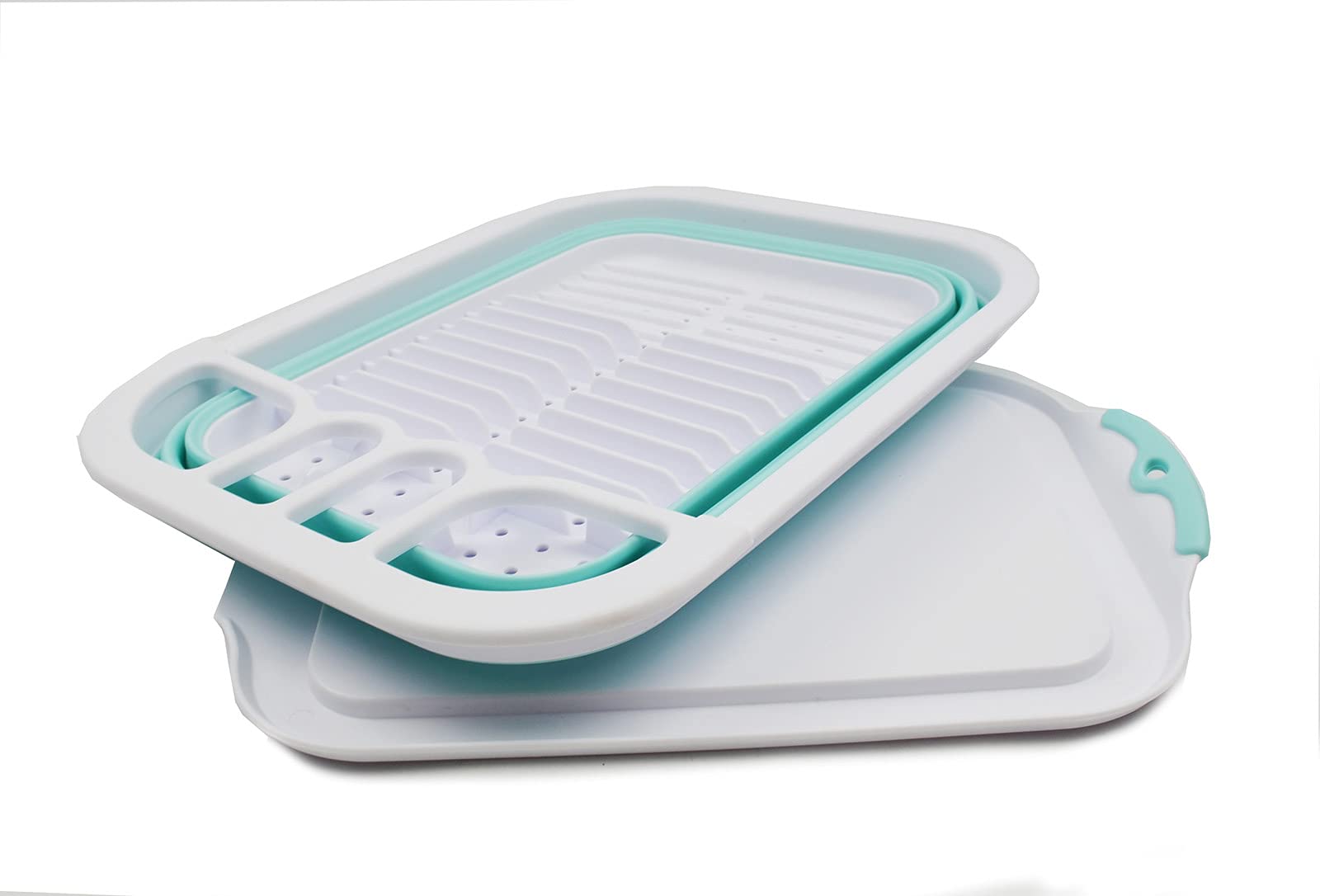 SAMMART 7.5L (2 Gallon) Collapsible Dish Drainer with Drainer Board - Foldable Drying Rack Set - Portable Dinnerware Organizer - Space Saving Kitchen Storage Tray (White/Lake Green, 1)