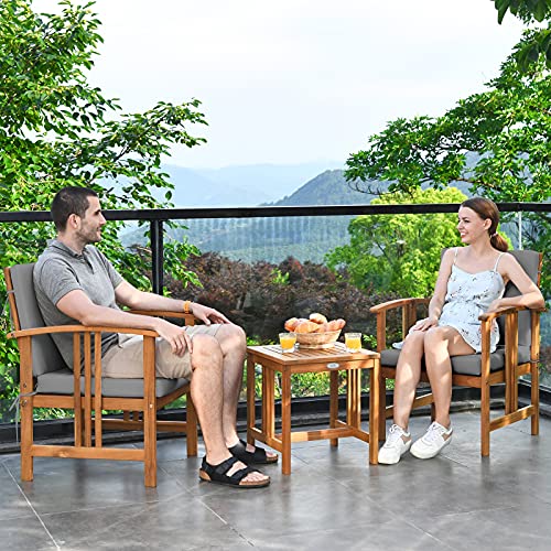 Tangkula 3 Pieces Patio Furniture Set, Includes Set of 2 Outdoor Acacia Wood Cushioned Chairs and Coffee Table, for Garden, Backyard, Poolside, Bistro and Deck, Patio Conversation Chat Set (Gray)