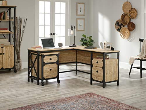 Sauder Steel River L-Shaped Desk, L: 59.84" x W: 57.32" x H: 29.53", Milled Mesquite Finish