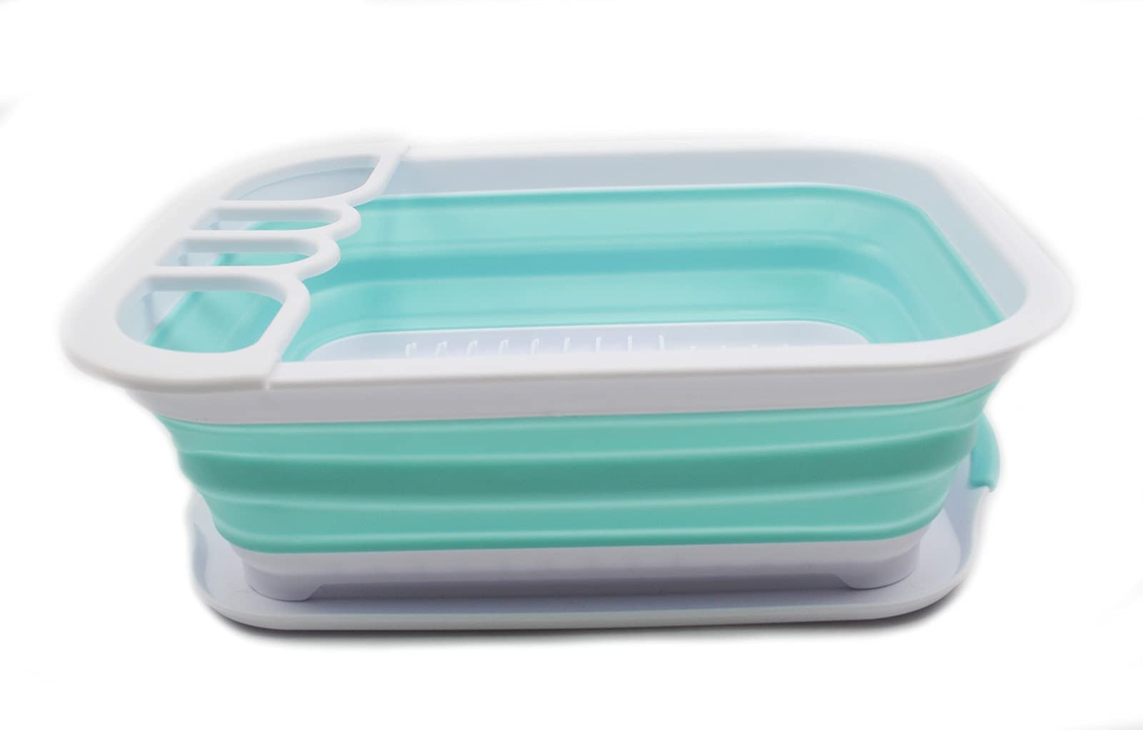 SAMMART 7.5L (2 Gallon) Collapsible Dish Drainer with Drainer Board - Foldable Drying Rack Set - Portable Dinnerware Organizer - Space Saving Kitchen Storage Tray (White/Lake Green, 1)