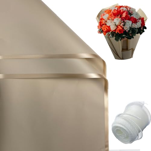 MIMISERVICE 20 PCS Khaki Flower Wrapping Paper, Waterproof Translucent Flower Bouquet Wrapping Paper, Gold Edge Florist Bouquet Supplies with Ribbon for DIY Gifts Wedding Birthday