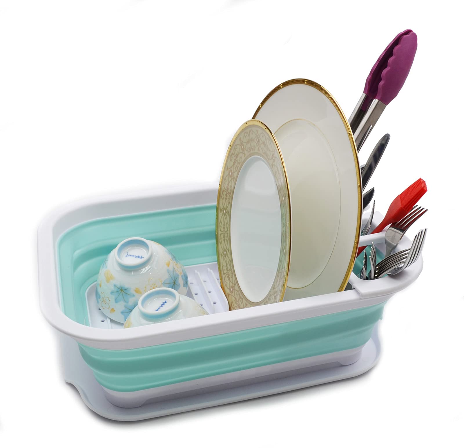SAMMART 7.5L (2 Gallon) Collapsible Dish Drainer with Drainer Board - Foldable Drying Rack Set - Portable Dinnerware Organizer - Space Saving Kitchen Storage Tray (White/Lake Green, 1)