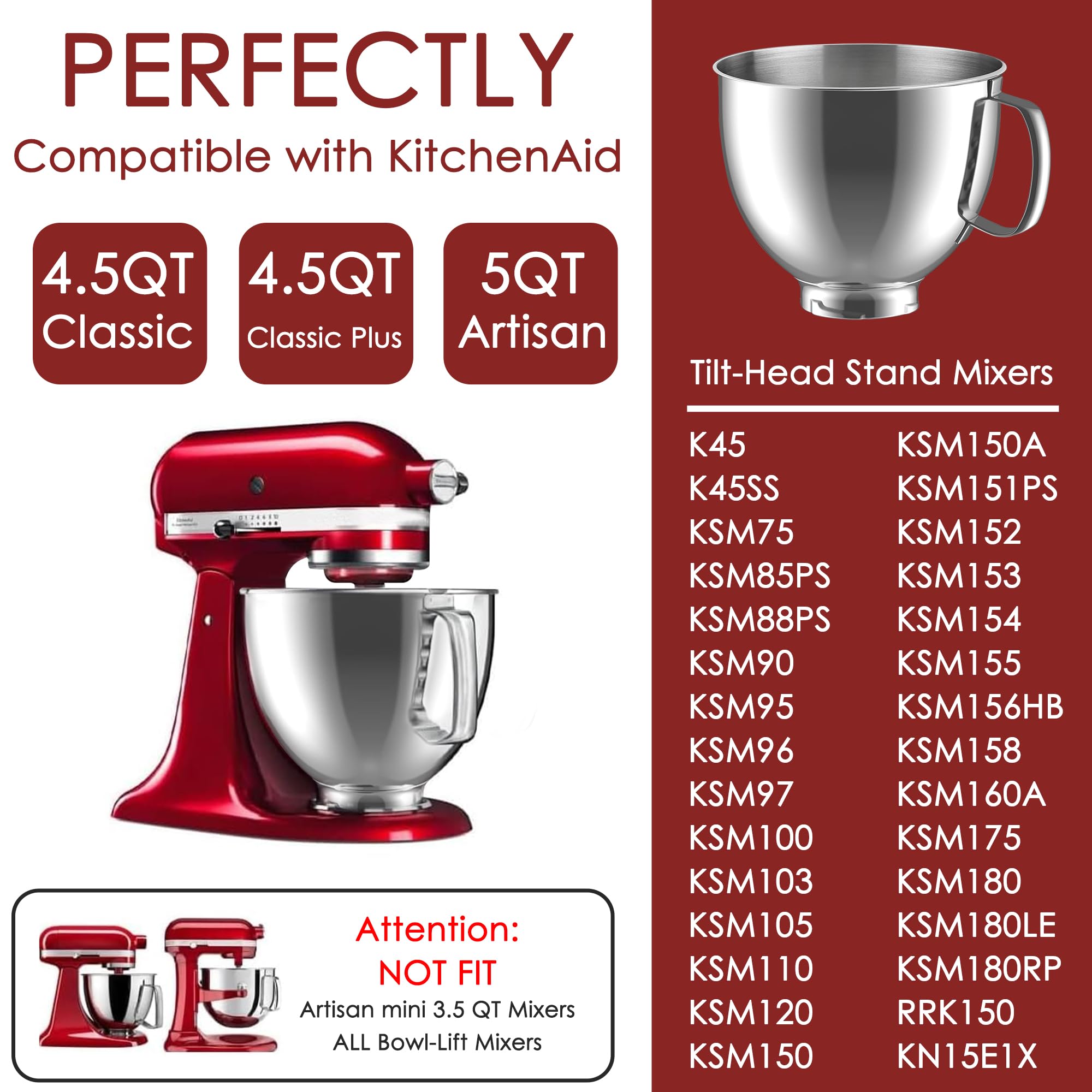 Stainless Steel Mixer Bowl for KitchenAid 4.5 Quart / 5 Quart Tilt-Head Stand Mixers, KSM150 Stainless Steel Mixer Bowl Replacement, 4.5QT/5QT Bowl for KitchenAid Mixer, Silver