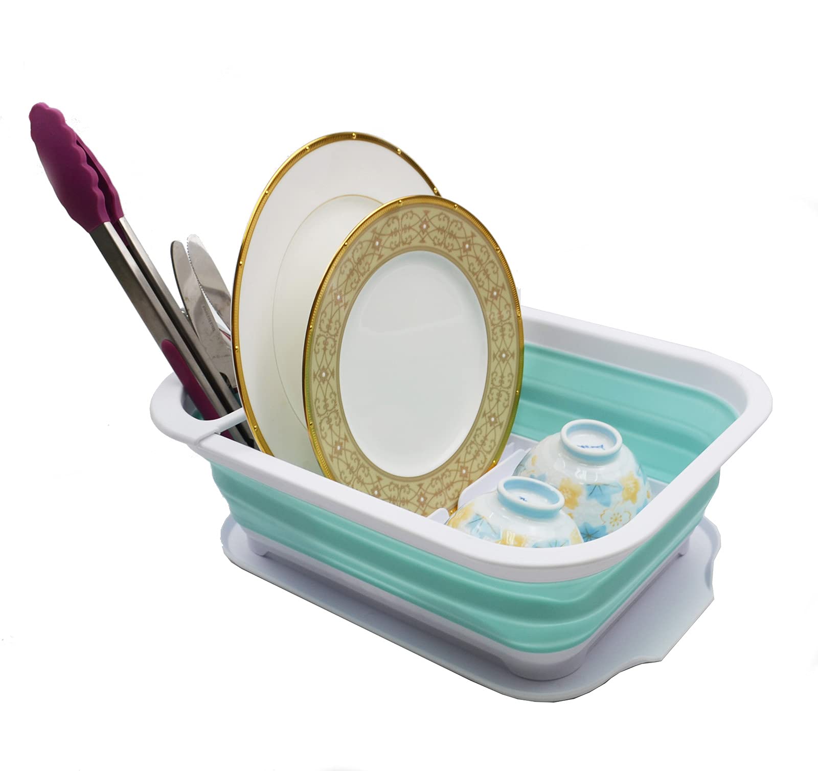 SAMMART 7.5L (2 Gallon) Collapsible Dish Drainer with Drainer Board - Foldable Drying Rack Set - Portable Dinnerware Organizer - Space Saving Kitchen Storage Tray (White/Lake Green, 1)