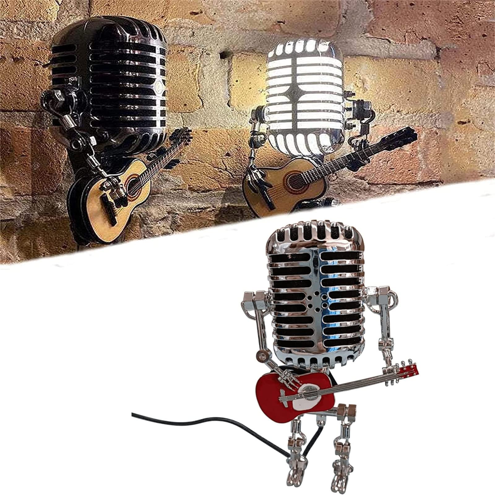 Goniome Vintage Microphone Robot Desk Lamp,Metal Microphone Robot Lamp with Mini Guitar 450g,Robot Touch Dimmer Lamp,Vintage Light Home Decor Nightstand Desk Lamp for Bedroom,Bar,Restaurant (Red)