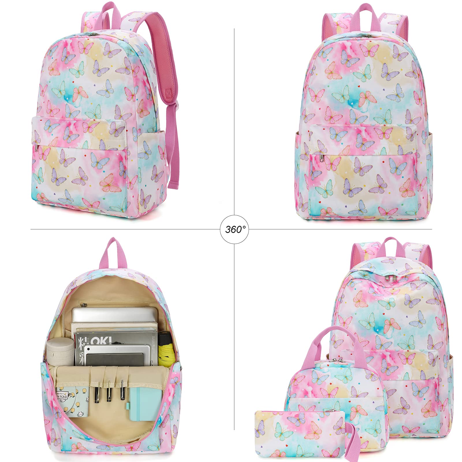 LEDAOU Backpack for Teen Girls School Bags Kids Bookbags Set School Backpack with Lunch Box and Pencil Case (Butterfly)