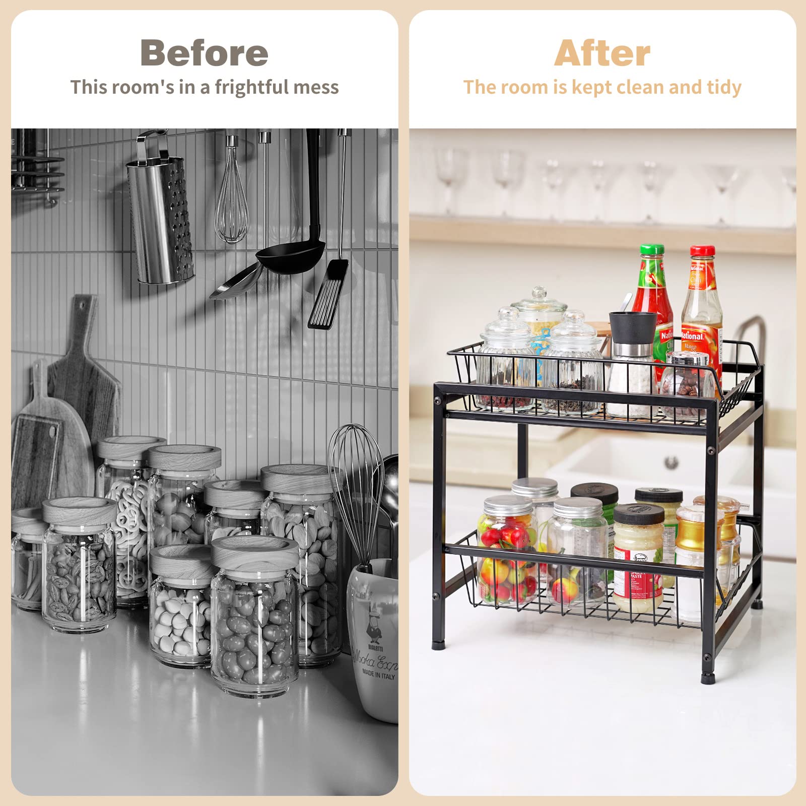 Kixue 2 Tier bathroom organizer,Metal kitchen organizer,Under sink organizer with Sliding Storage Drawer,Pull out cabinet organizer