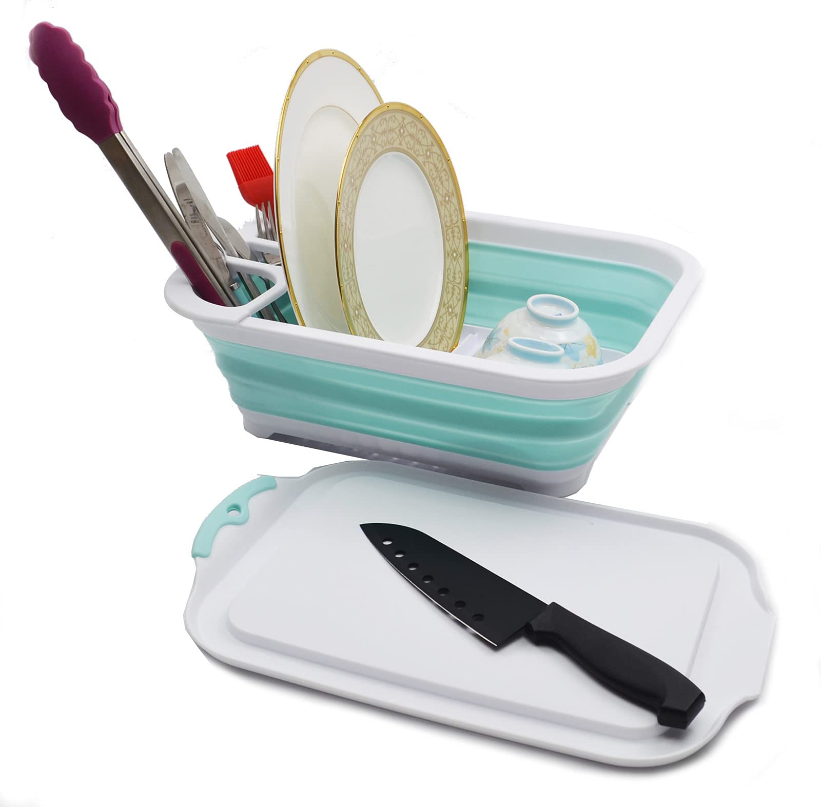 SAMMART 7.5L (2 Gallon) Collapsible Dish Drainer with Drainer Board - Foldable Drying Rack Set - Portable Dinnerware Organizer - Space Saving Kitchen Storage Tray (White/Lake Green, 1)