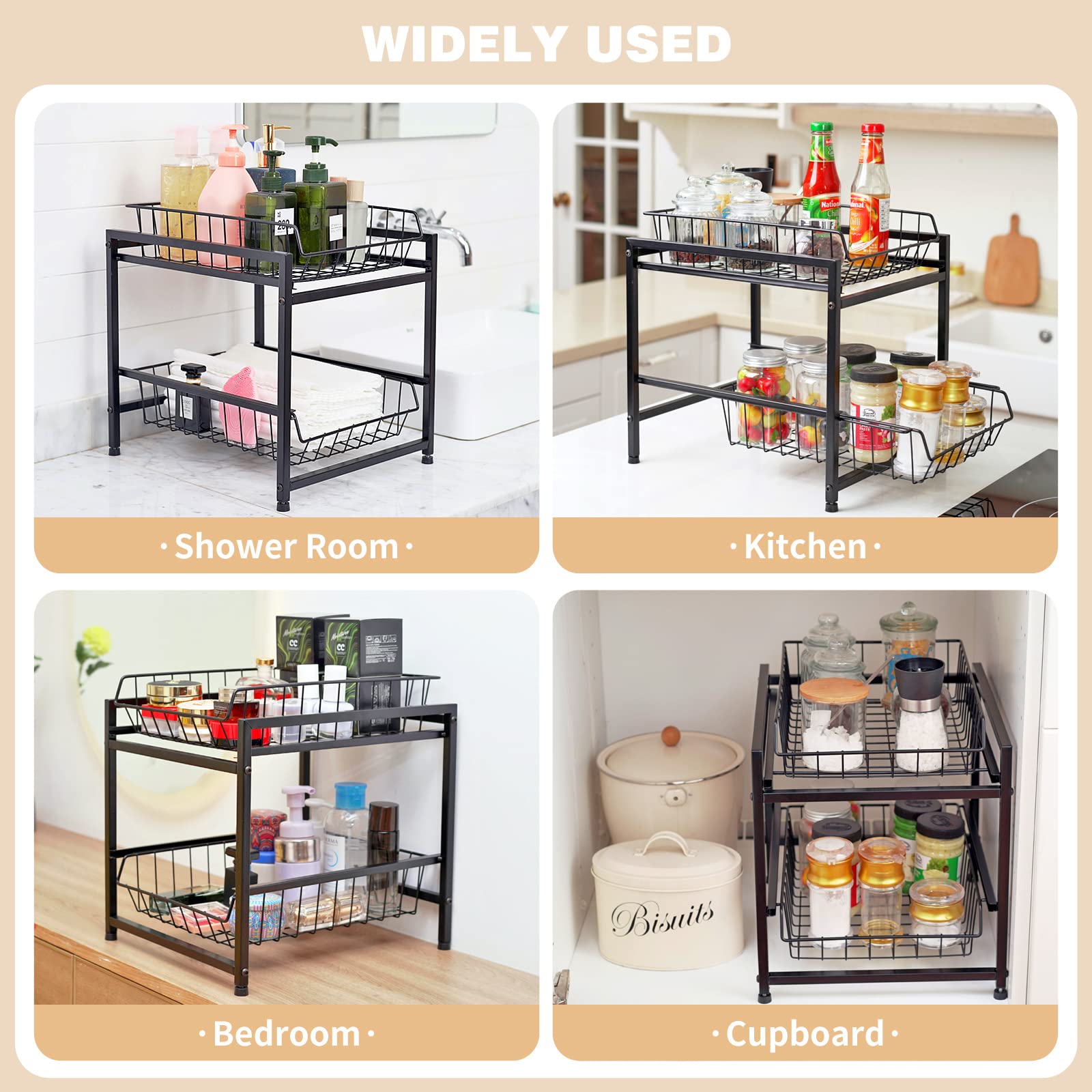 Kixue 2 Tier bathroom organizer,Metal kitchen organizer,Under sink organizer with Sliding Storage Drawer,Pull out cabinet organizer