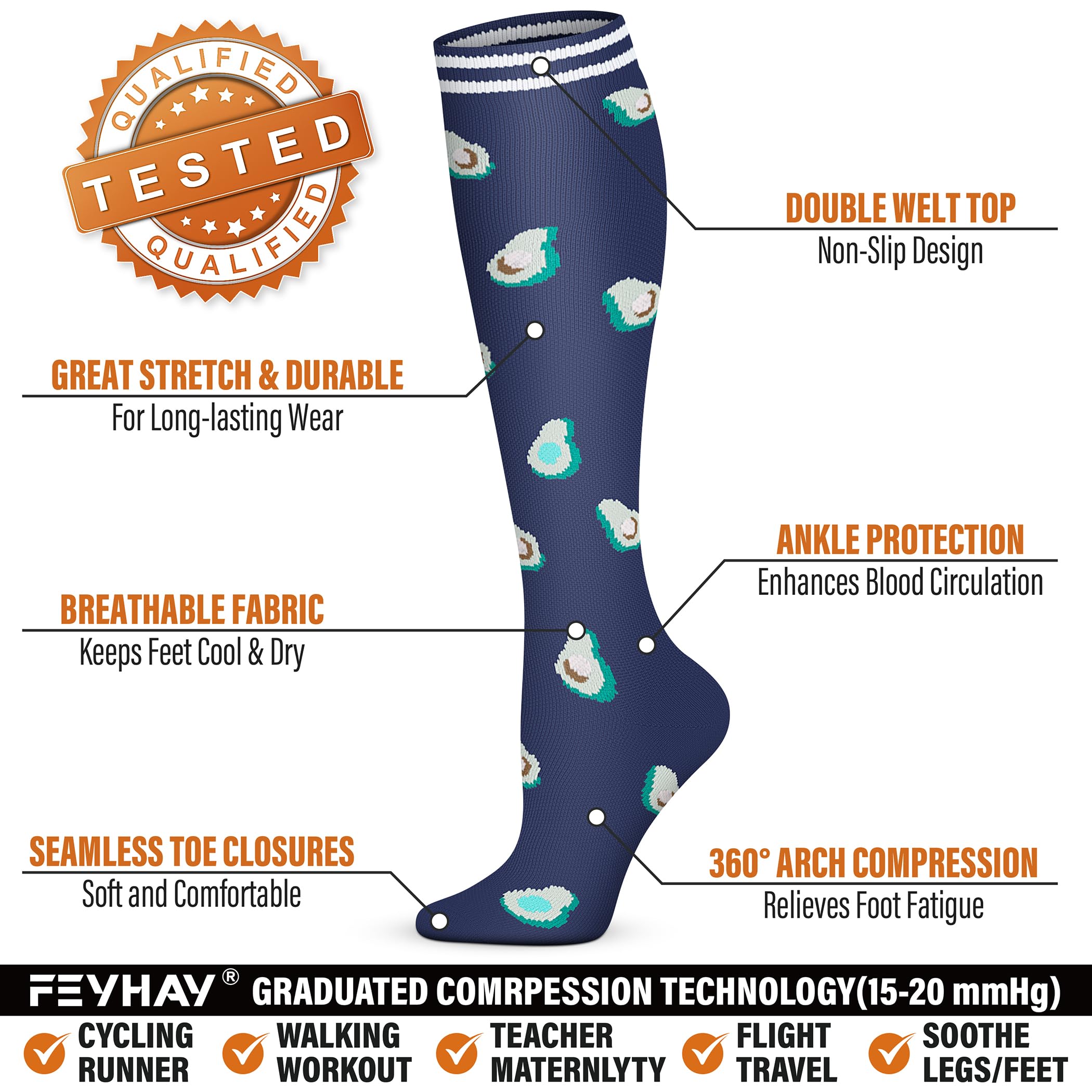 FEYHAY Copper Compression Socks (5 Pairs) 15-20 mmHg Circulation is Best Athletic & Daily for Men & Women, Running, Climbing