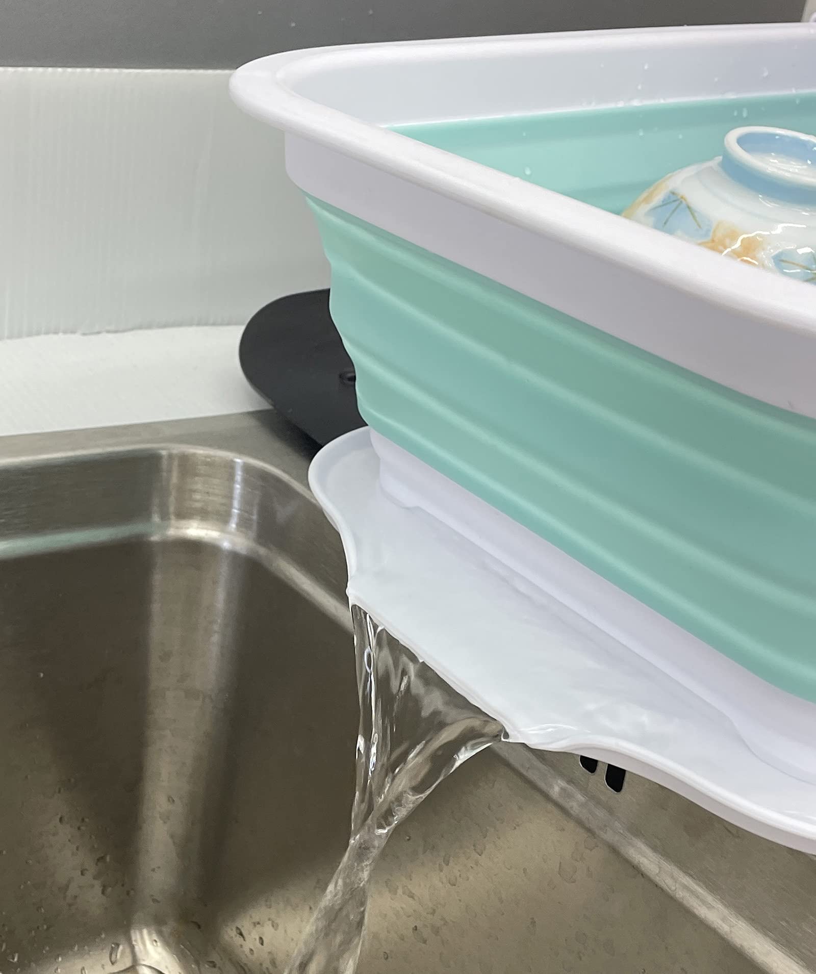 SAMMART 7.5L (2 Gallon) Collapsible Dish Drainer with Drainer Board - Foldable Drying Rack Set - Portable Dinnerware Organizer - Space Saving Kitchen Storage Tray (White/Lake Green, 1)