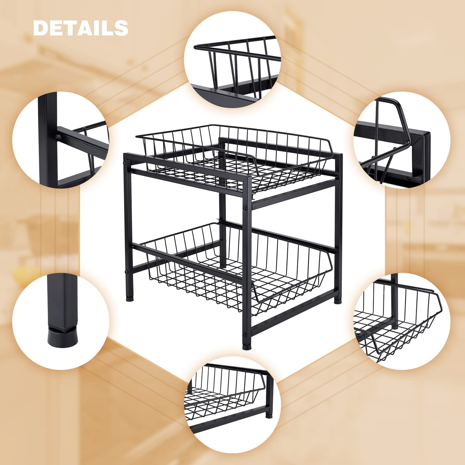 Kixue 2 Tier bathroom organizer,Metal kitchen organizer,Under sink organizer with Sliding Storage Drawer,Pull out cabinet organizer