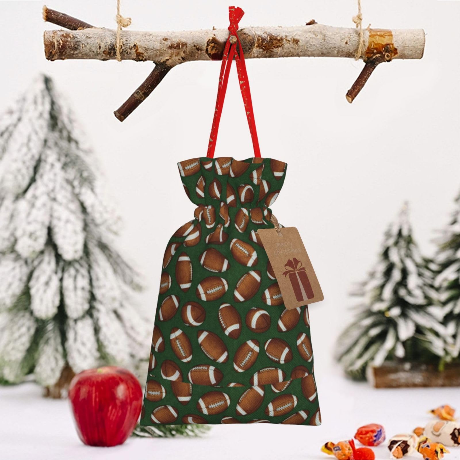 WURTON Gift Bag With Drawstring, Football Green Canvas Gift Bags, Present Wrap Bags For Christmas, 6.9 X 4.7 In