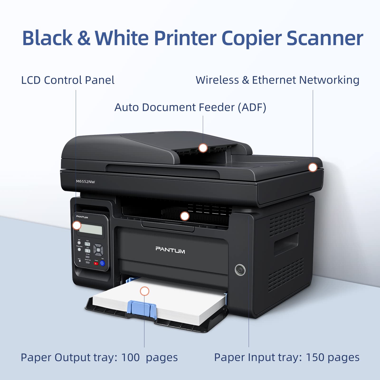 Pantum M6552NW All in One Laser Printer Scanner Copier Wireless Monochrome Black and White Printer Home Office - Print Copy Scan, Speed Up to 23 ppm, 50-Sheet ADF, 150 Large Paper Capacity