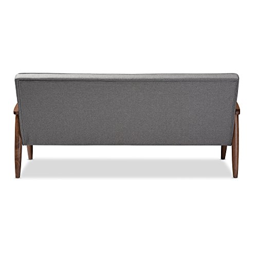 Baxton Studio Sorrento Mid-Century Retro Modern Fabric Upholstered Wooden 3-Seater Sofa, Grey 70.59 x 29.45 x 32.96