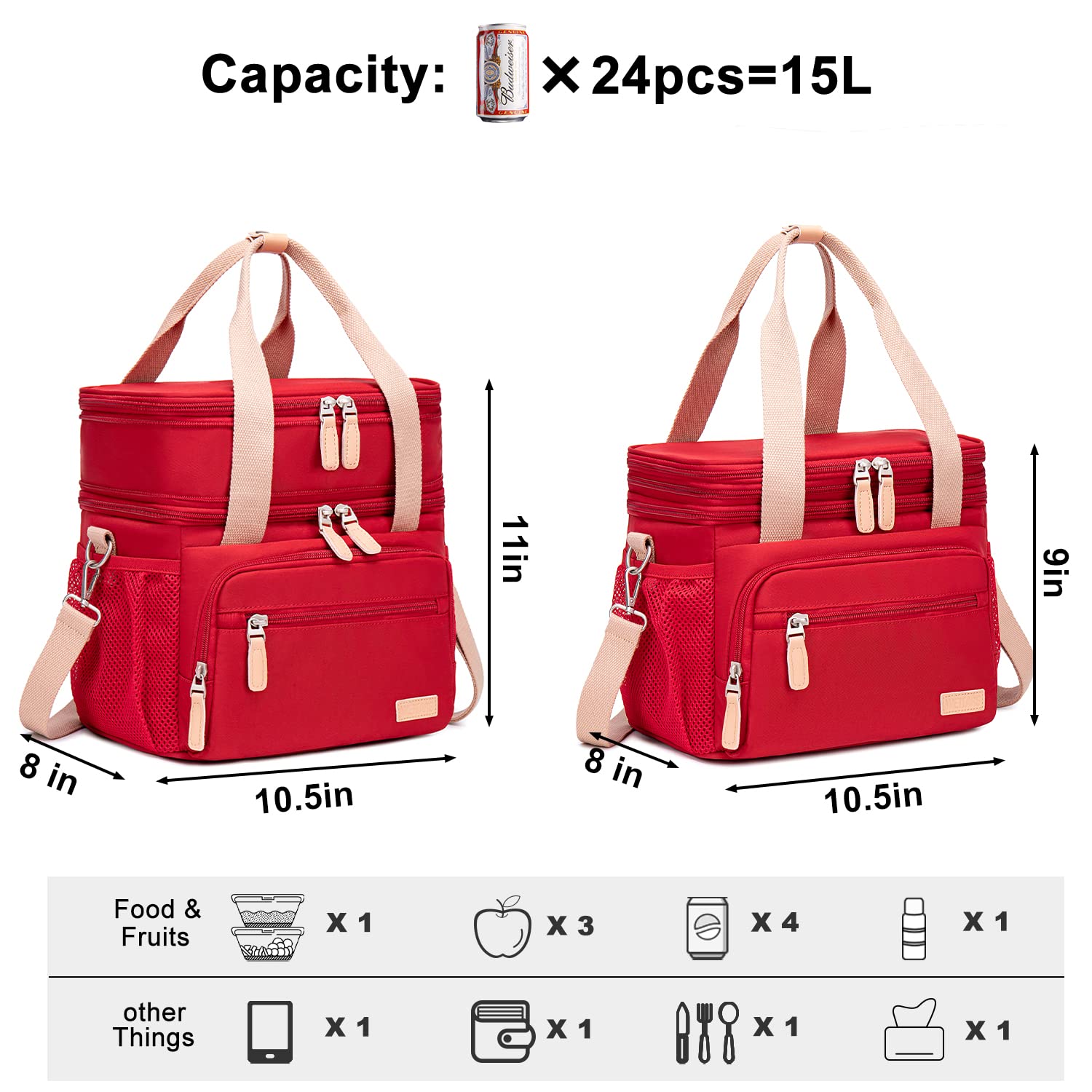 Weitars Lunch Bag for Women, Loncheras Para Mujer Waterproof Reusable Large Dual Compartment Lunch Box Wide-Open Cooler Tote Bag For Teacher Nurse Office Working Picnic Hiking (15L) (Red)