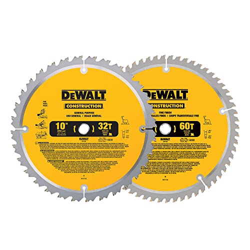 DEWALT 10-Inch Miter / Table Saw Blades, 60-Tooth Crosscutting & 32-Tooth General Purpose, Combo Pack (DW3106P5)