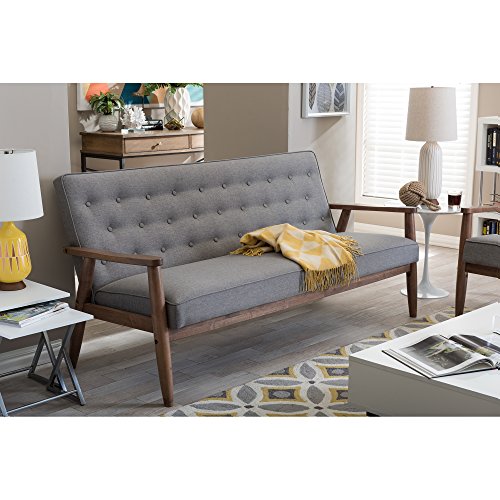 Baxton Studio Sorrento Mid-Century Retro Modern Fabric Upholstered Wooden 3-Seater Sofa, Grey 70.59 x 29.45 x 32.96