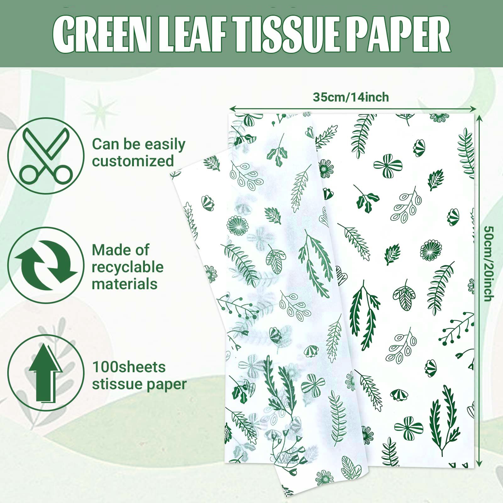 Bolsome 100 Sheets 20 * 14 Inches Greenery Tissue Paper, Botanical Gift Wrapping Tissue, Green Leaves Decorative Tissue Paper for Jungle Safari Party Baby Bridal Shower Birthday Wedding Decor