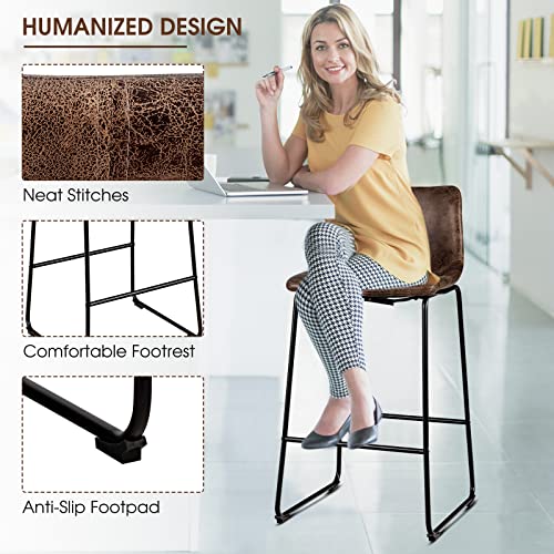ERGOMASTER Leather Bar Height Barstools with Back 30 inch Counter Bar Stools Set of 2 Pub Height Bar Chairs for Kitchen Island Extended Counter Dining Room (30β, Brown)