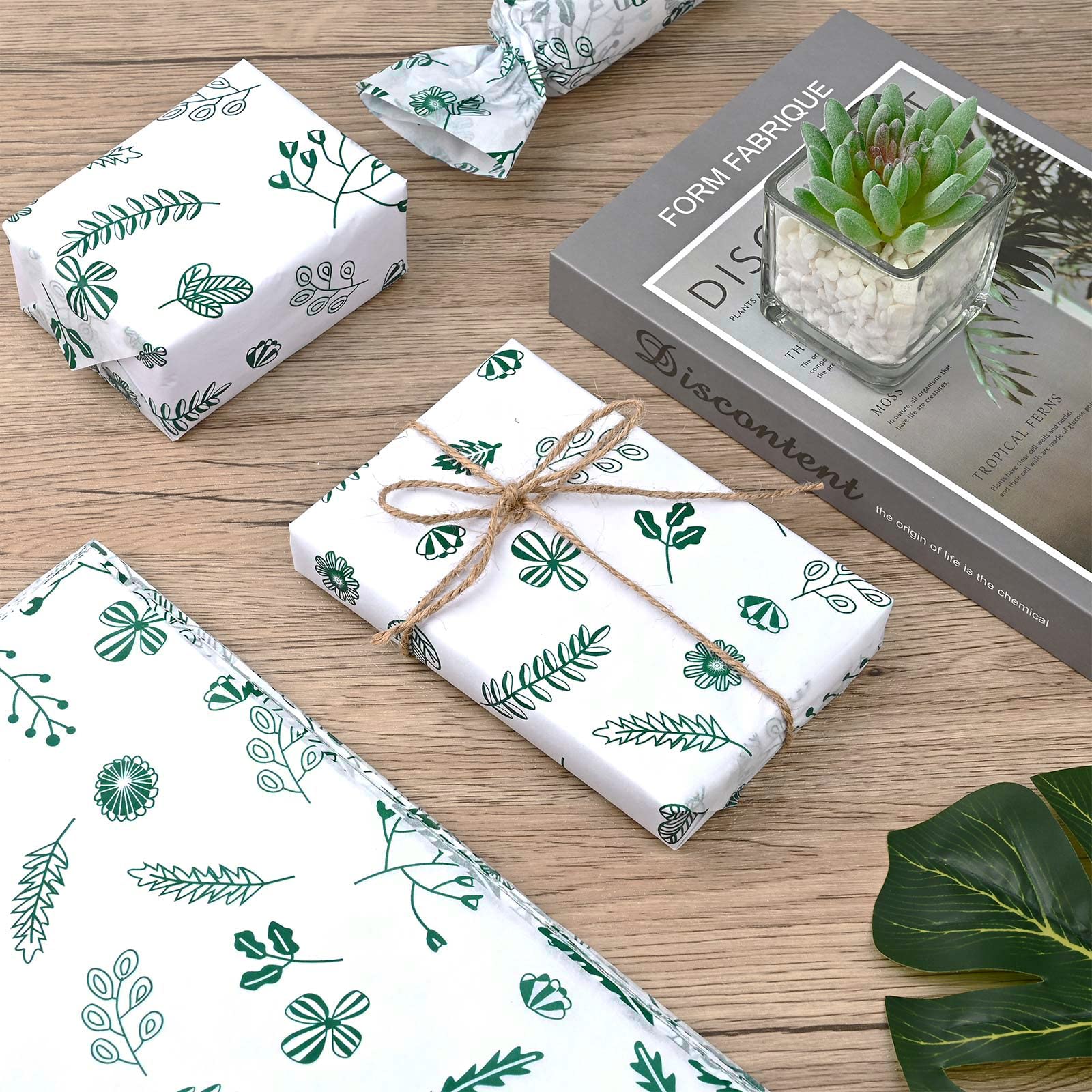 Bolsome 100 Sheets 20 * 14 Inches Greenery Tissue Paper, Botanical Gift Wrapping Tissue, Green Leaves Decorative Tissue Paper for Jungle Safari Party Baby Bridal Shower Birthday Wedding Decor