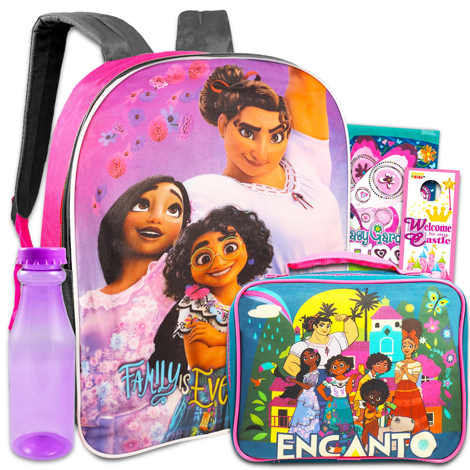 Encanto Backpack and Lunch Bag Set for Girls - Bundle with 15" Encanto Backpack, Encanto Lunch Box, Water Bottle, Temporary Tattoos, More | Encanto Backpack Toddler