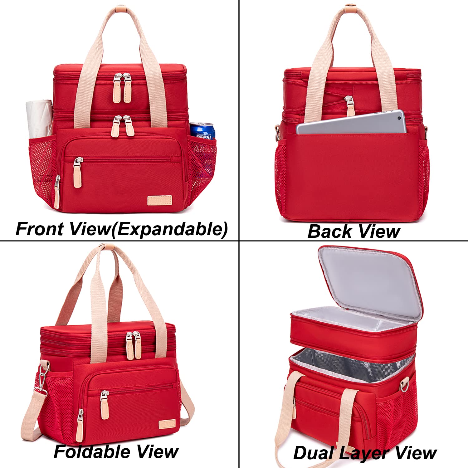 Weitars Lunch Bag for Women, Loncheras Para Mujer Waterproof Reusable Large Dual Compartment Lunch Box Wide-Open Cooler Tote Bag For Teacher Nurse Office Working Picnic Hiking (15L) (Red)