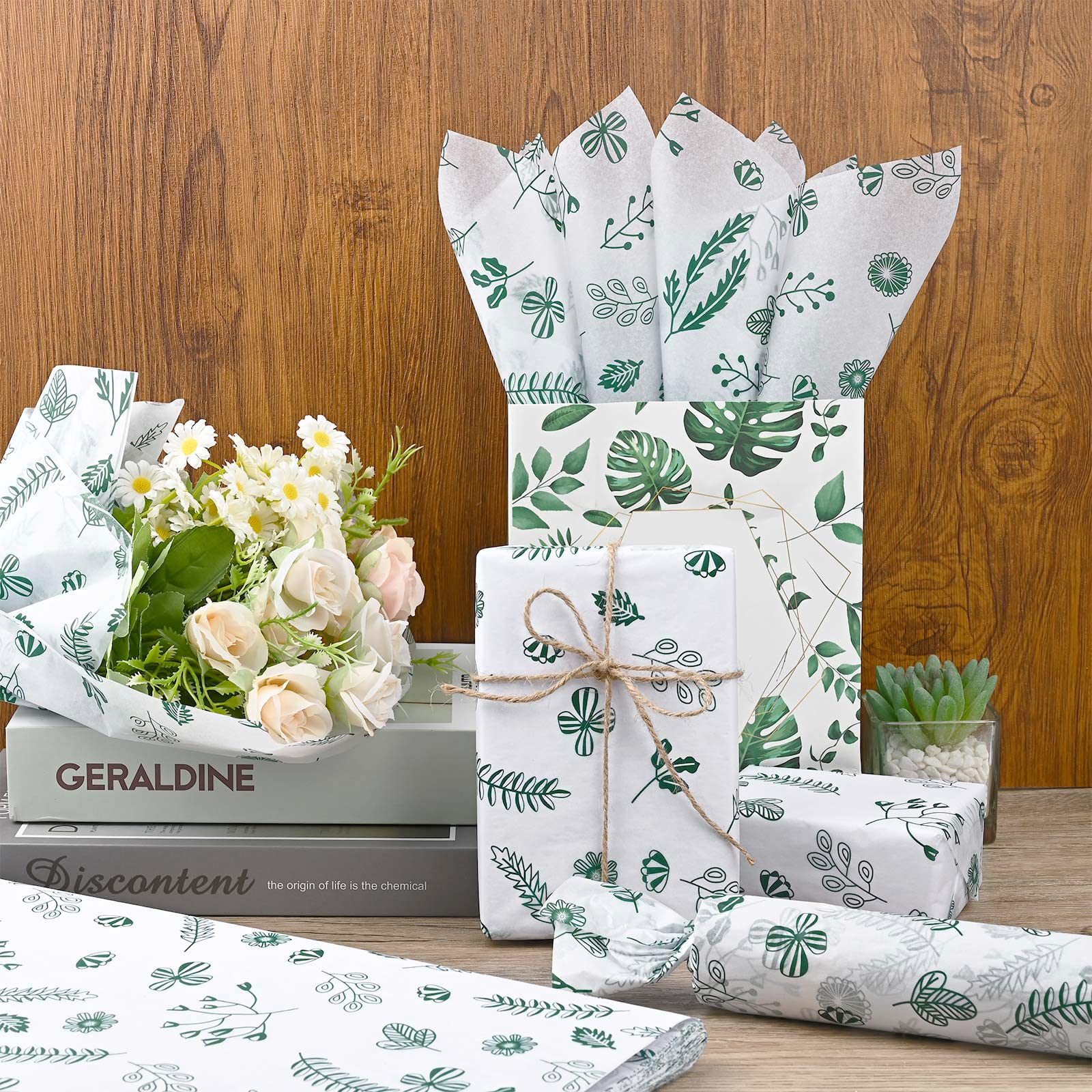 Bolsome 100 Sheets 20 * 14 Inches Greenery Tissue Paper, Botanical Gift Wrapping Tissue, Green Leaves Decorative Tissue Paper for Jungle Safari Party Baby Bridal Shower Birthday Wedding Decor