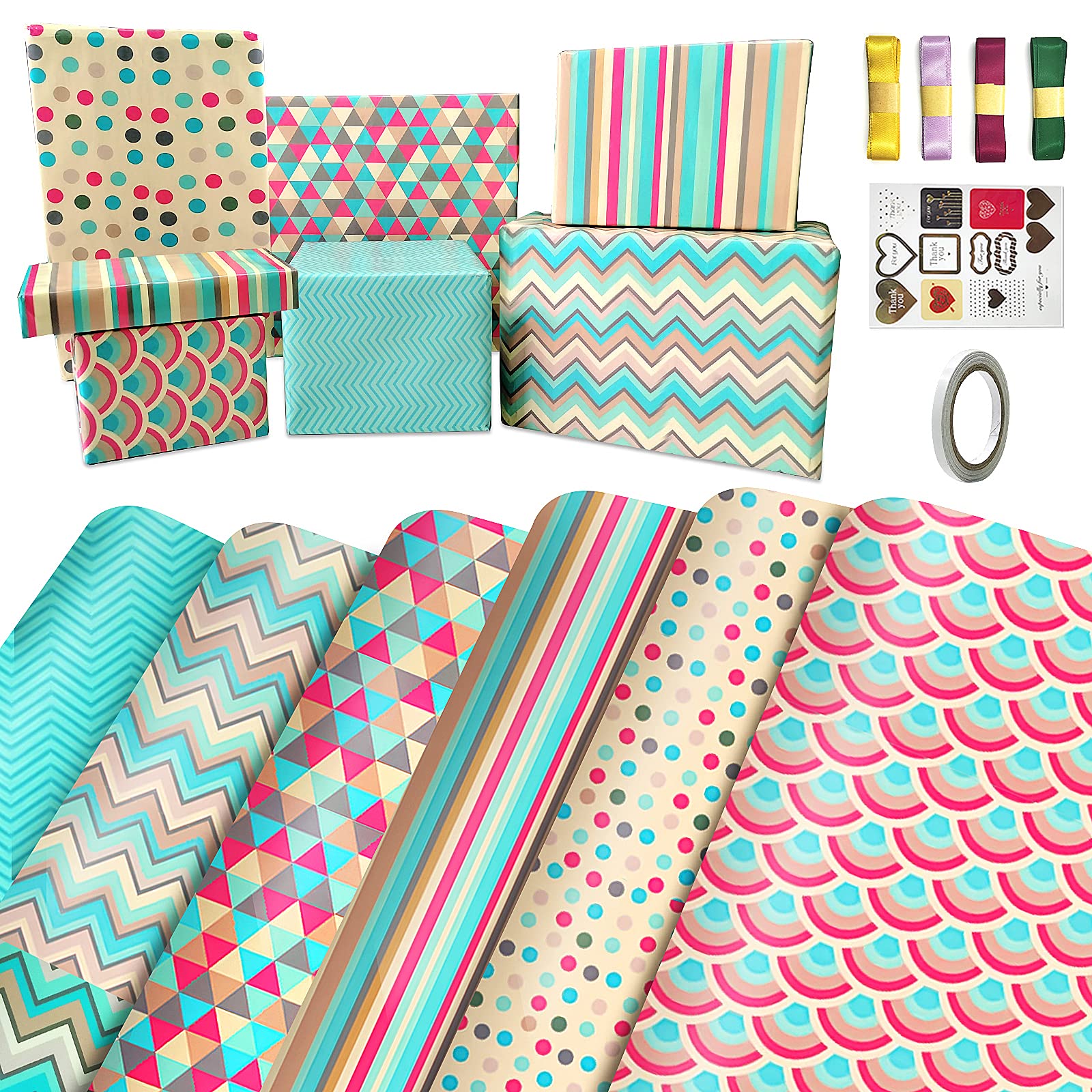 Wrapping Paper Sheets - Birthday Wrapping Paper Set Included 6 Pack Gift Wrap Papers and Gift Sticker & Ribbon for Present - Eco Gift Wrapping Paper Birthday for Women, Men, Female, Girls, Boys, Male,