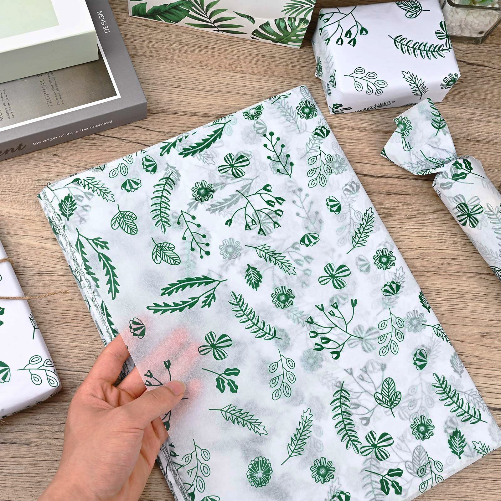 Bolsome 100 Sheets 20 * 14 Inches Greenery Tissue Paper, Botanical Gift Wrapping Tissue, Green Leaves Decorative Tissue Paper for Jungle Safari Party Baby Bridal Shower Birthday Wedding Decor
