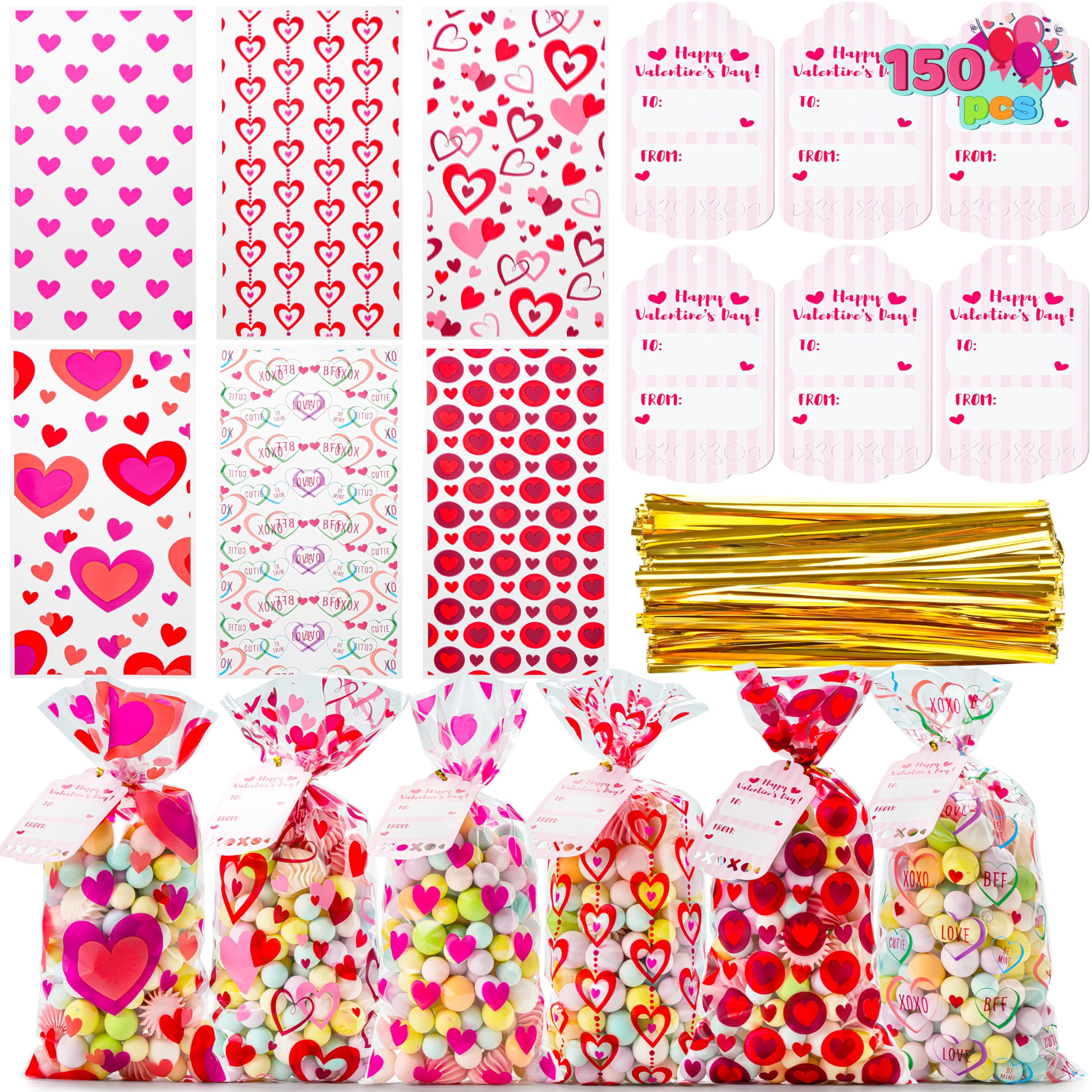 JOYIN 150 Pcs Valentine's Day Cellophane Gift Bag with Gift Tag, Candy Bag with 6 Valentine’s Themed Designs for Kids Party Favor, Classroom Exchange Prizes,Valentine’s Goody Bag