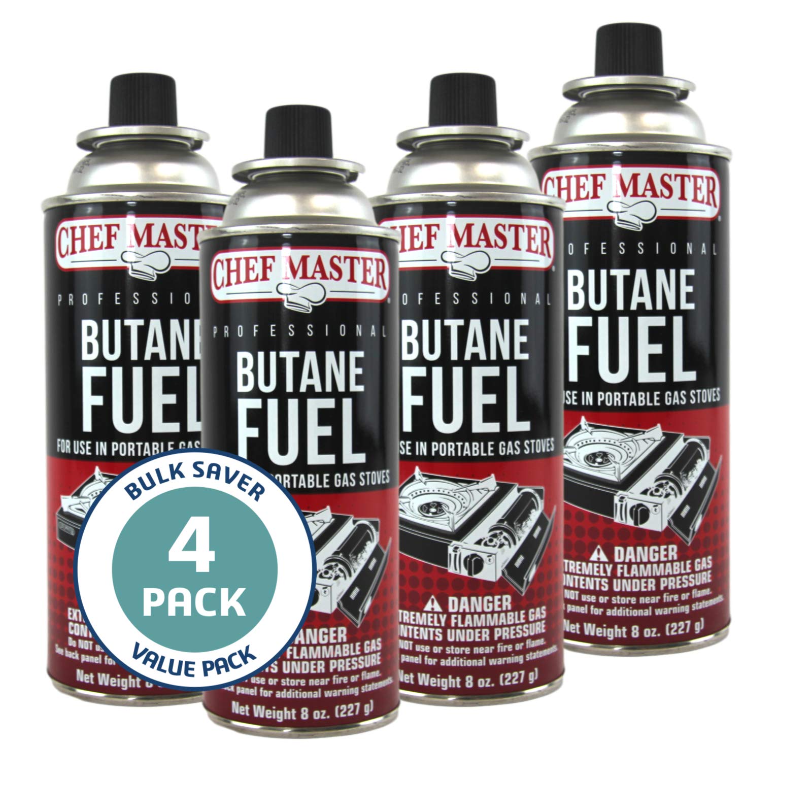 Chef Master 90340 | Pack of 4 Butane Fuel Cylinders| 8oz Butane Canisters for Portable Stove | Butane Torch Replacement Canisters