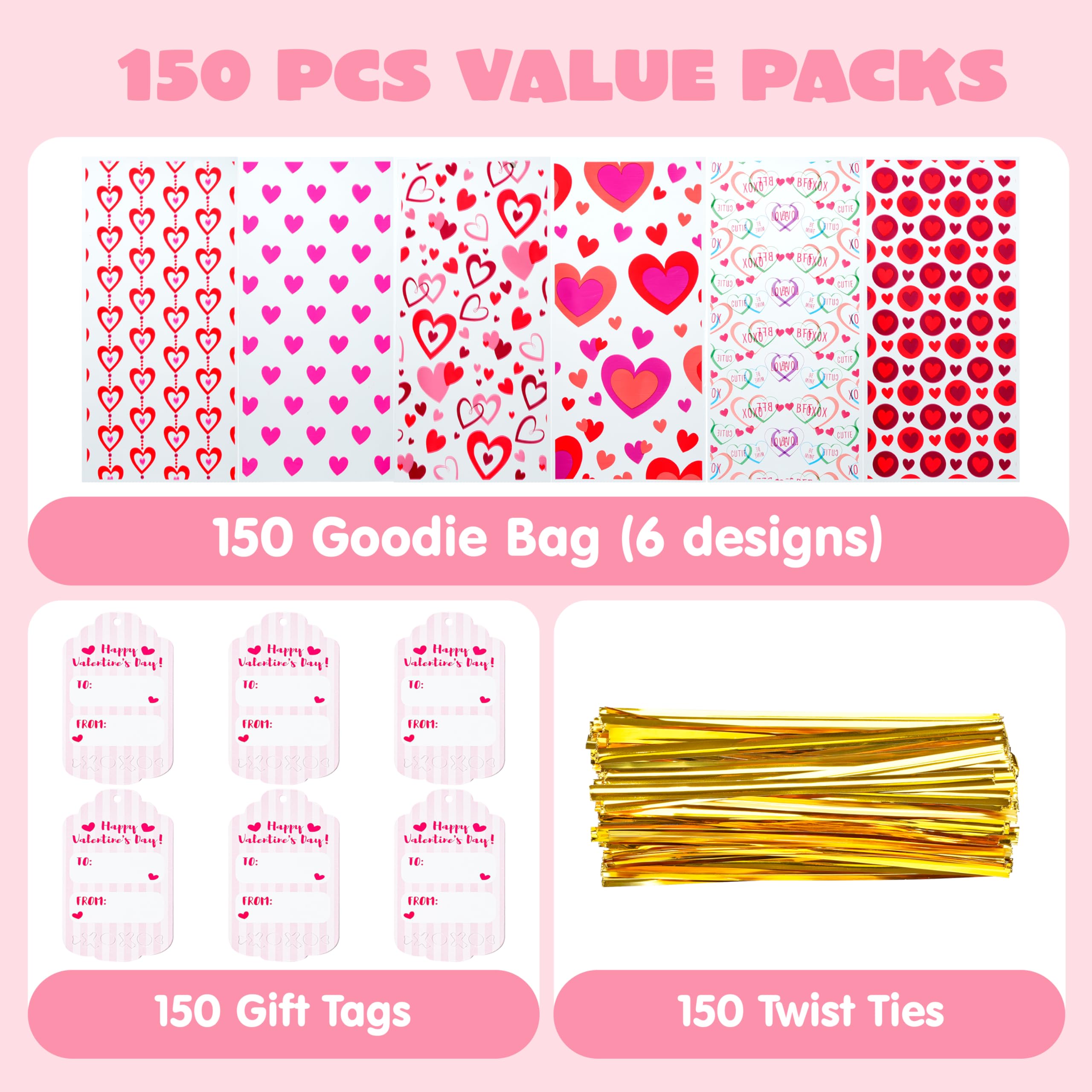 JOYIN 150 Pcs Valentine's Day Cellophane Gift Bag with Gift Tag, Candy Bag with 6 Valentine’s Themed Designs for Kids Party Favor, Classroom Exchange Prizes,Valentine’s Goody Bag