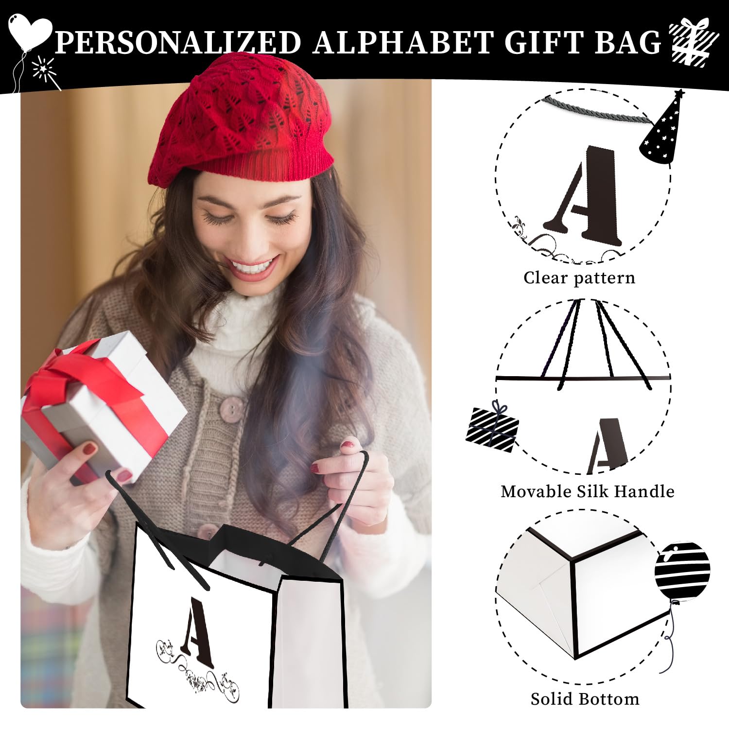 ysmile Letter Gift Bag with Wrapping Tissue for Men Women, 12" Large White Black Paper Bag for Birthday Anniversary - Single A
