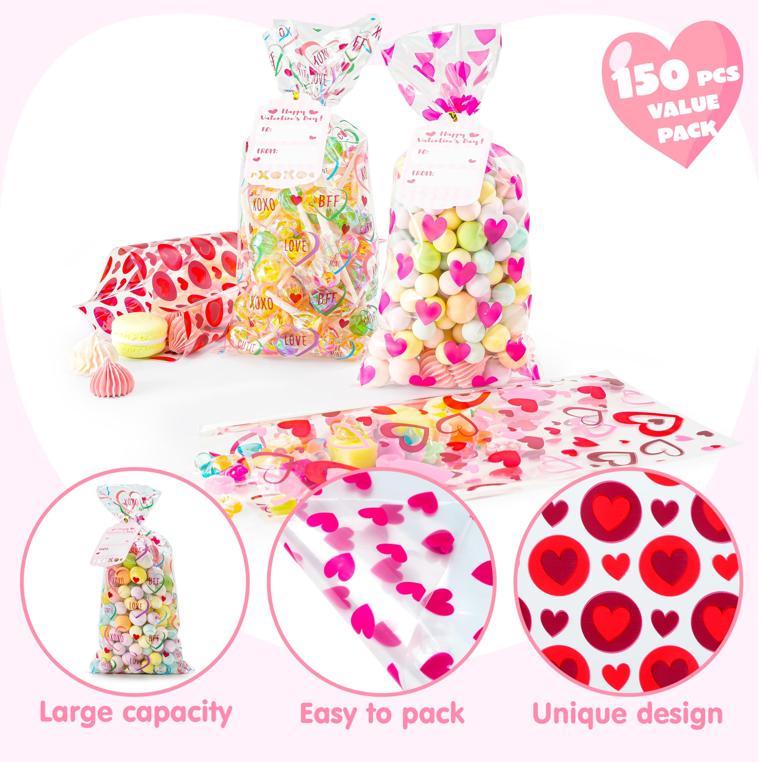 JOYIN 150 Pcs Valentine's Day Cellophane Gift Bag with Gift Tag, Candy Bag with 6 Valentine’s Themed Designs for Kids Party Favor, Classroom Exchange Prizes,Valentine’s Goody Bag