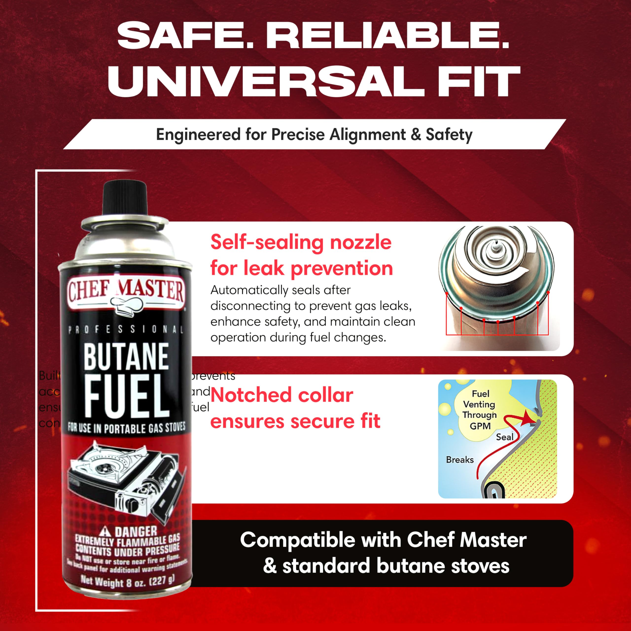 Chef Master 90340 | Pack of 4 Butane Fuel Cylinders| 8oz Butane Canisters for Portable Stove | Butane Torch Replacement Canisters