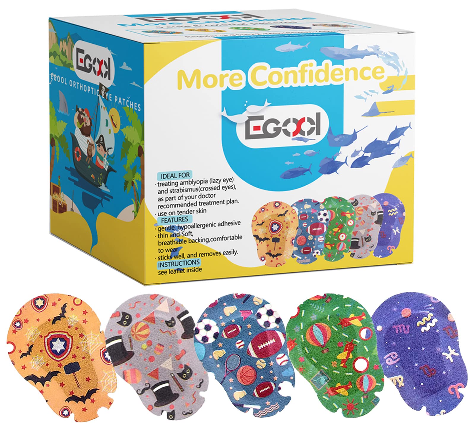 EGOOL Adhesive Eye Patches for Kids – Cool Boys Design, 45 + 5 Bonus per Box, Regular Size, Breathable Material, Colorful and Fun Pattern, Hypoallergenic & Sensitive for Lazy Eye