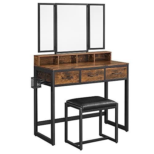 VASAGLE Vanity Table with Upholstered Stool Set, Dressing Table Desk, Makeup Table with Tri-Fold Mirror, 3 Drawers, Hair Dryer Stand, Industrial Style, Rustic Brown and Black URVT004B01