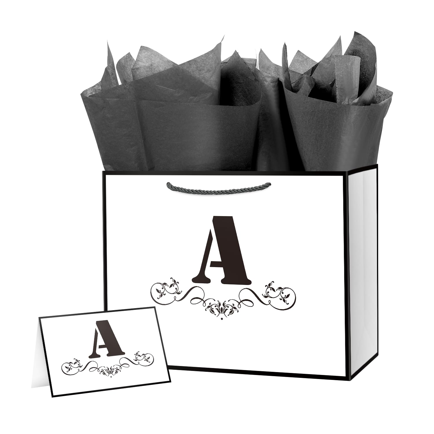 ysmile Letter Gift Bag with Wrapping Tissue for Men Women, 12" Large White Black Paper Bag for Birthday Anniversary - Single A