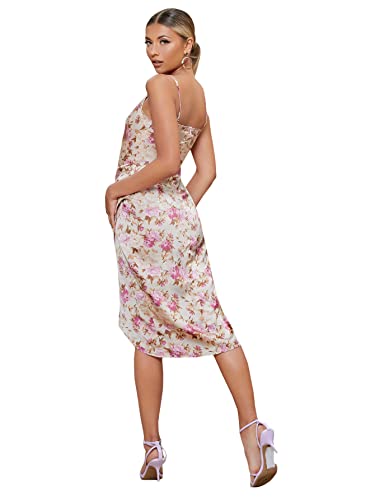 Floerns Women's Floral Print Cowl Neck Ruched Sleeveless Satin Slit Party Dress Beige/Pink S